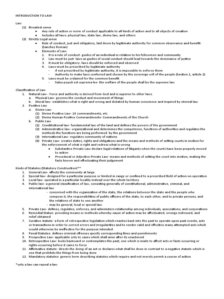 Intro To Law (Notes) | PDF | Bill (Law) | Judgment (Law)