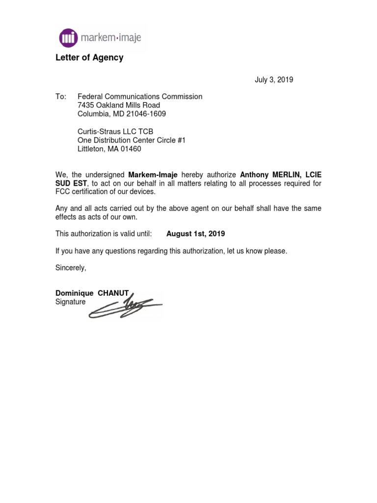 Letter of Agency for FCC Certification | PDF