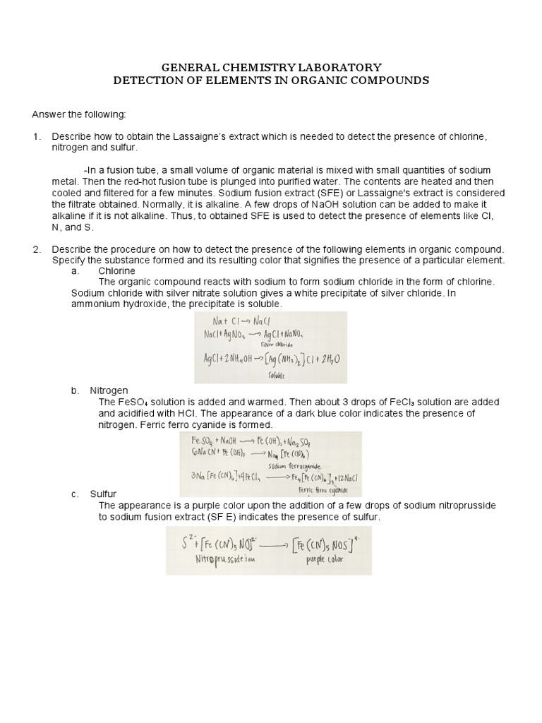 General Chemistry Laboratory Detection of Elements in Organic Compounds ...
