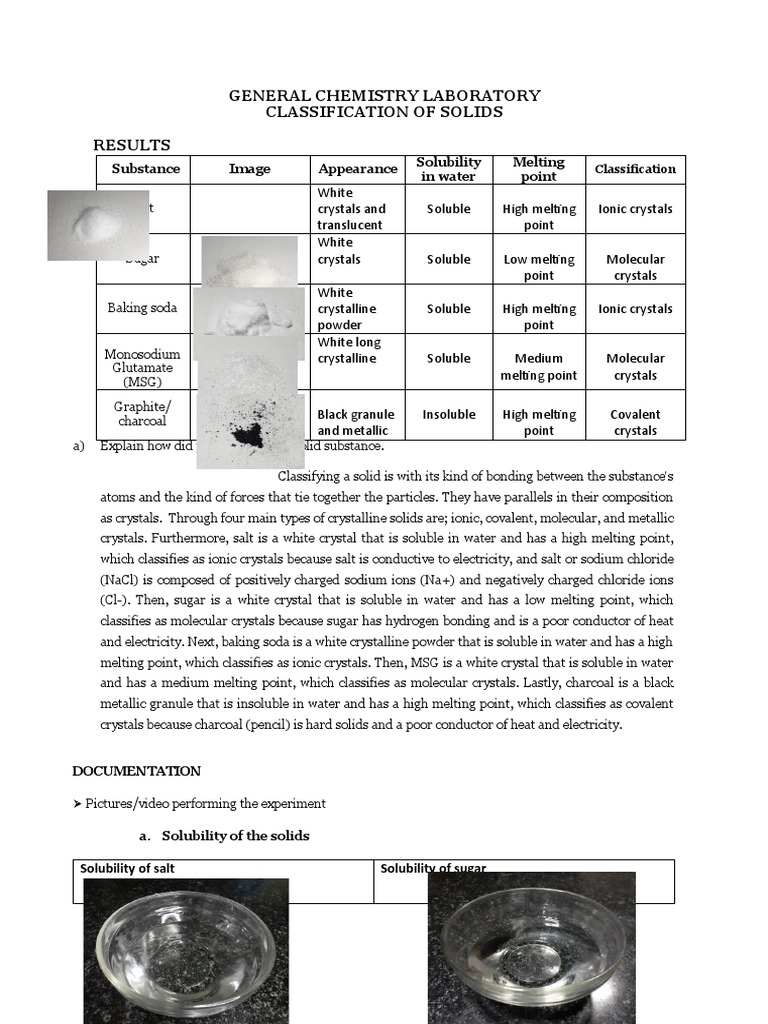 General Chemistry Laboratory Classification of Solids Results | PDF ...