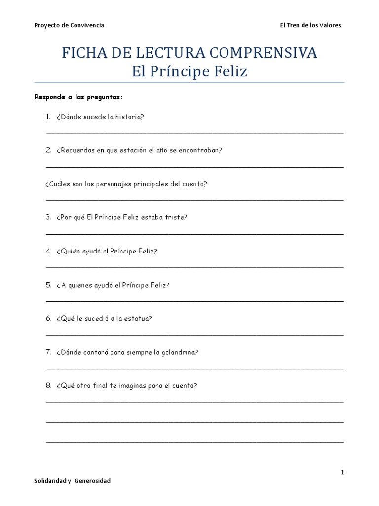 Ficha de Lectura Comprensiva El Principe Feliz | PDF