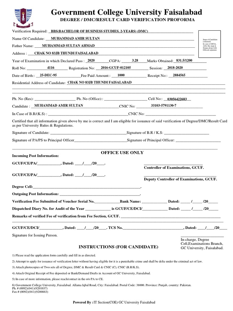 Government College University Faisalabad: Degree / Dmc/Result Card ...