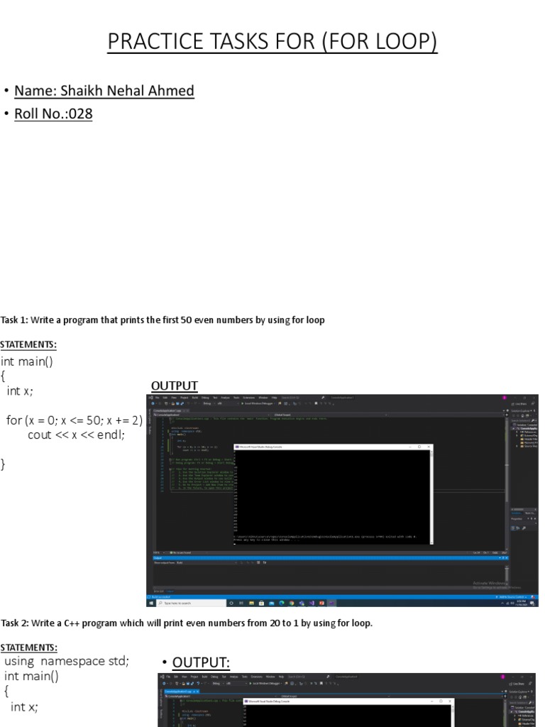 Practice Tasks For (For Loop) : - Name: Shaikh Nehal Ahmed - Roll No.:028 | PDF