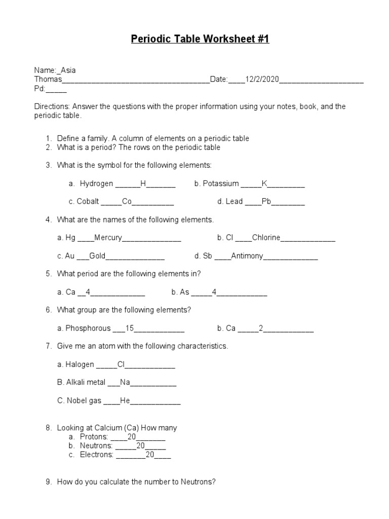 Periodic Table Worksheet #1 | PDF | Chemical Elements | Periodic Table