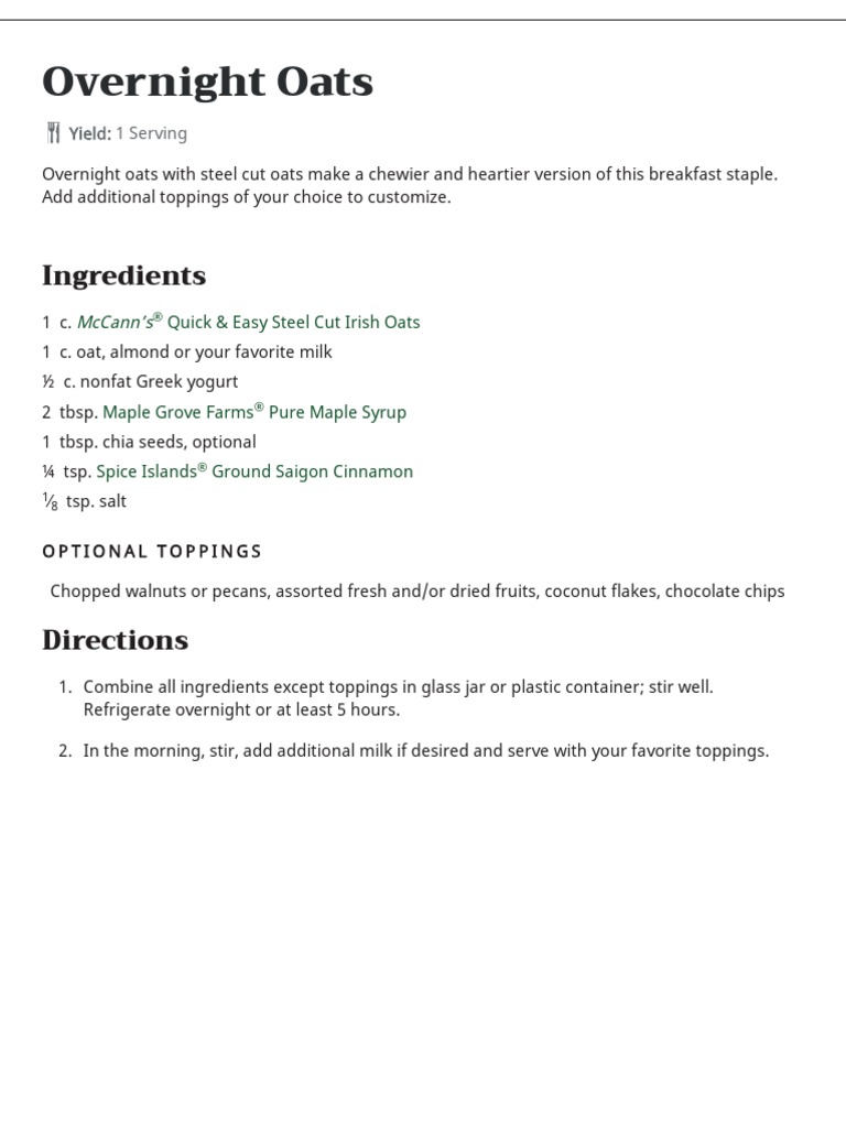 Overnight Oats - McCann's Irish Oatmeal | PDF