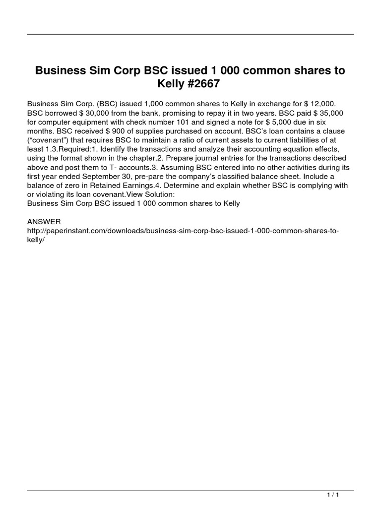 Business Sim Corp BSC Issued 1 000 Common Shares To Kelly | PDF