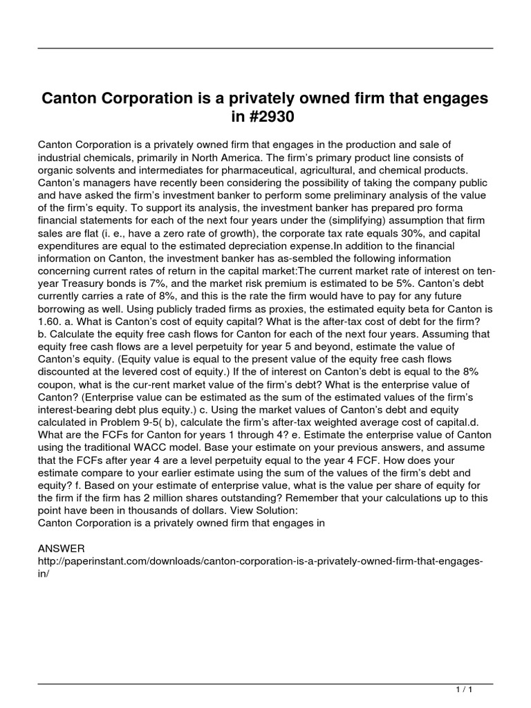 Canton Corporation Equity Valuation Analysis | PDF | Cost Of Capital ...