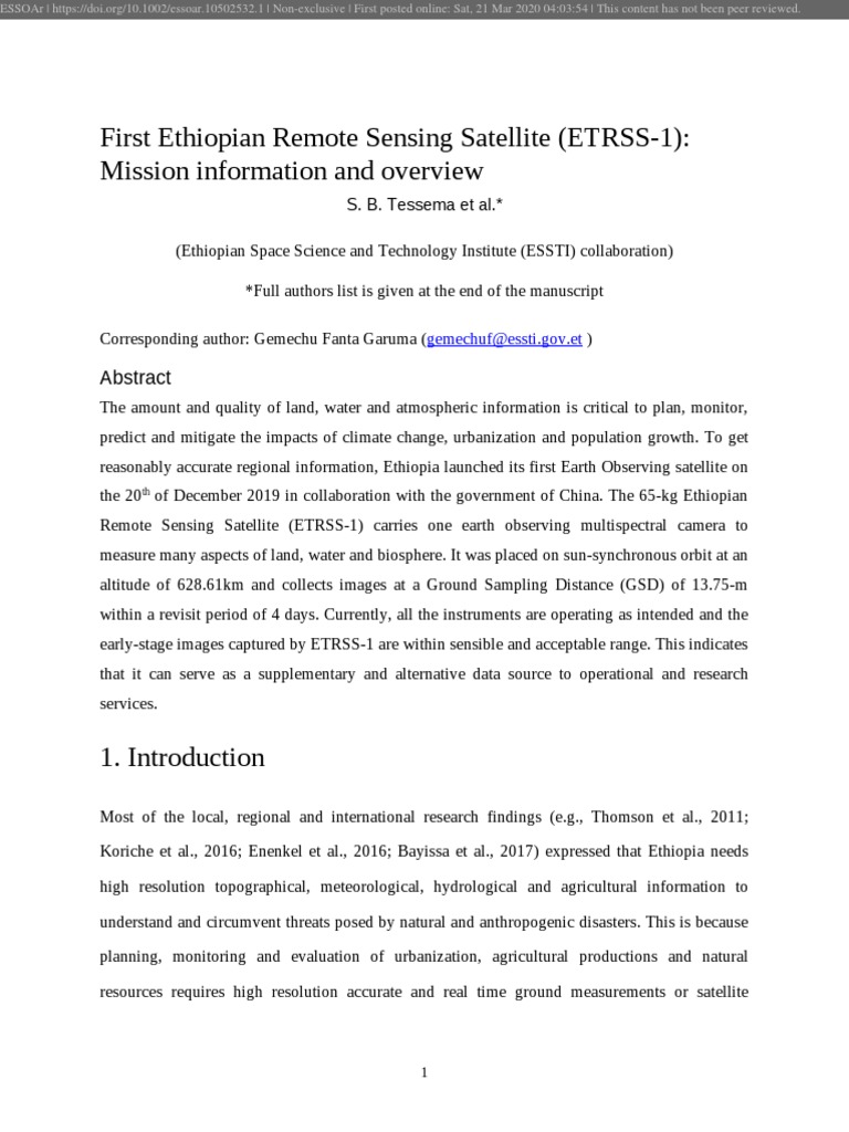 First Ethiopian Remote Sensing Satellite (ETRSS-1) : Mission ...