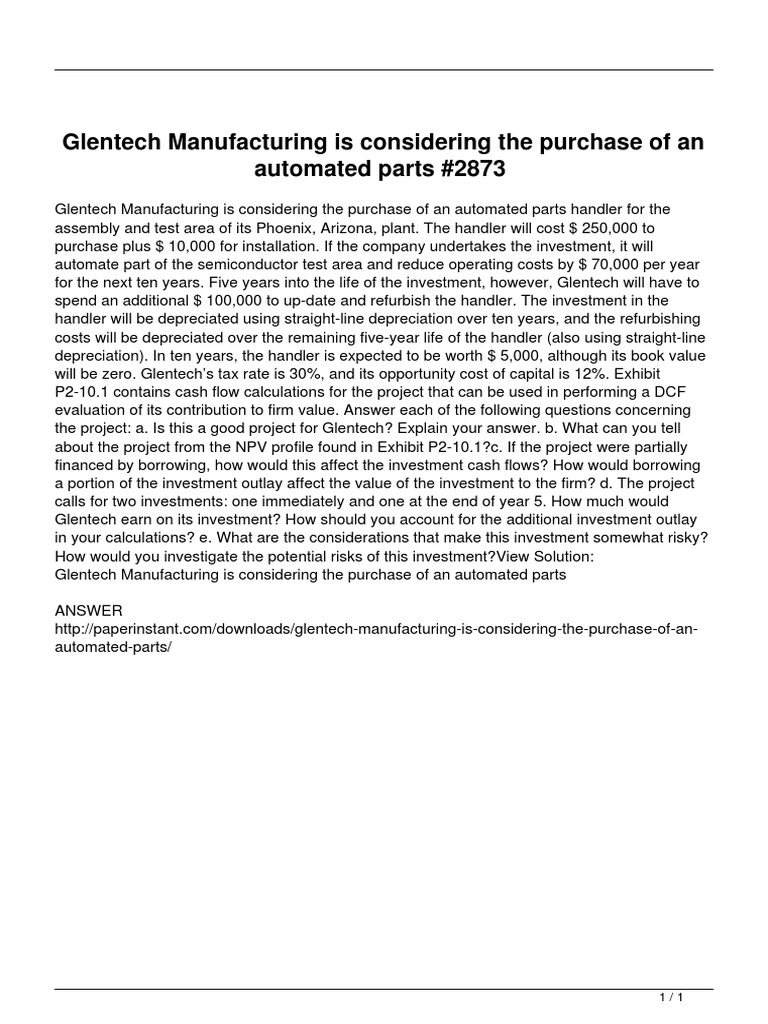 Glentech's Automated Parts Investment Analysis | PDF | Investing ...