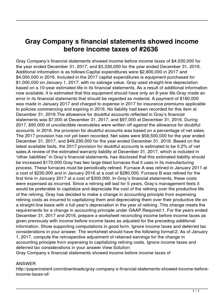 Gray Company S Financial Statements Showed Income Before Income Taxes ...
