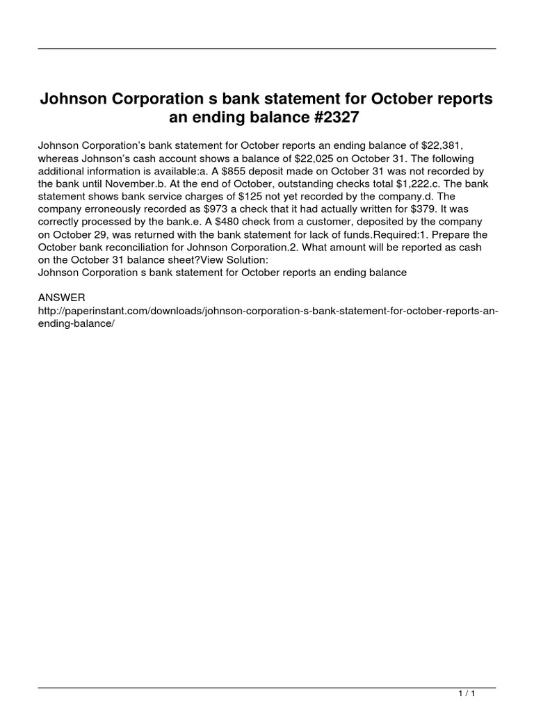 October Bank Reconciliation for Johnson Corp | PDF