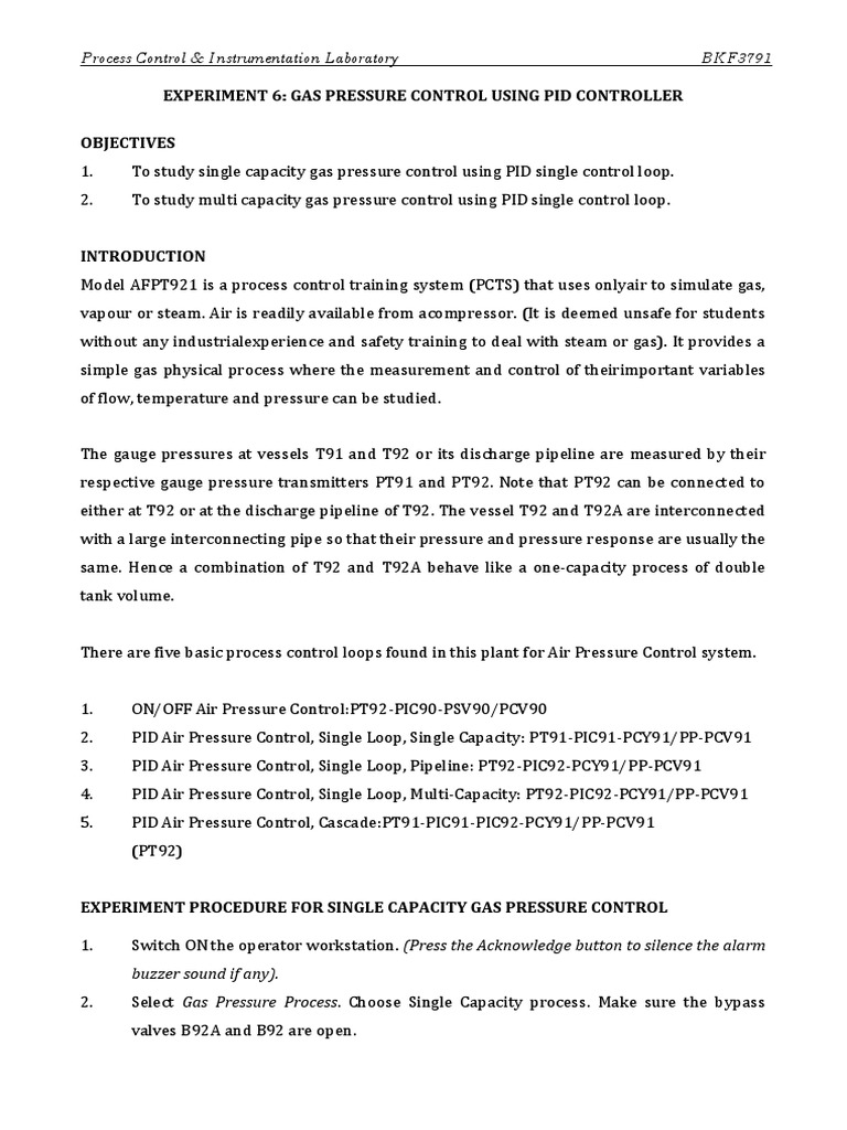 Experiment 6: Gas Pressure Control Using Pid Controller Objectives ...