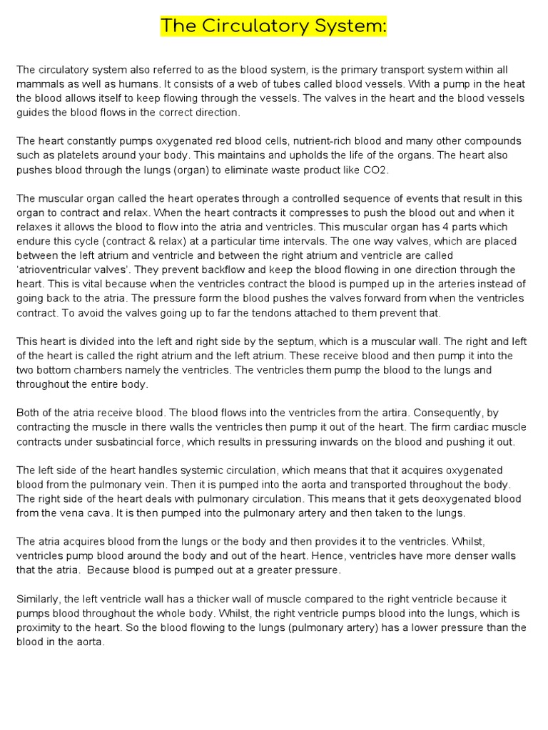 The Circulatory System (Heart) | PDF