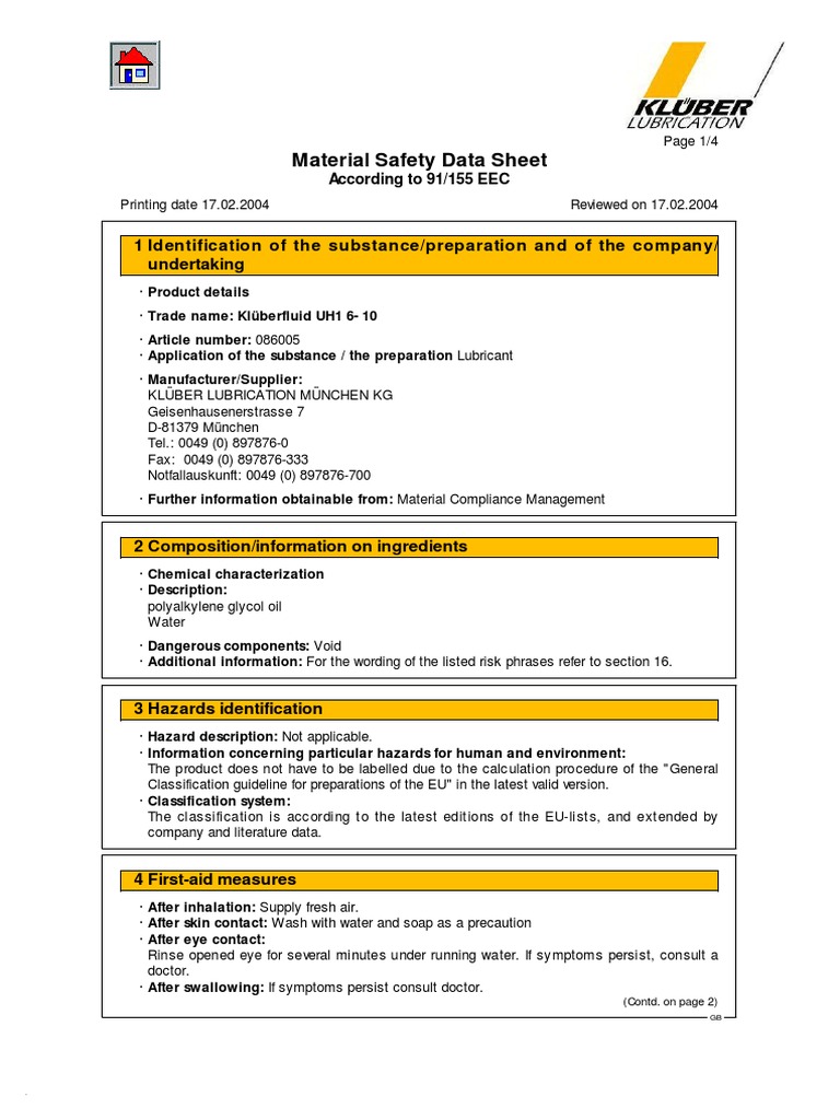 Material Safety Data Sheet: 1 Identification of The Substance ...