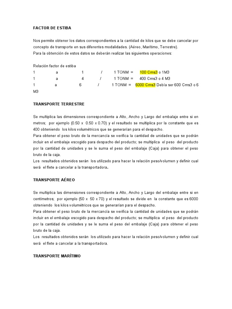 Cálculo del Factor de Estiba en Transporte | PDF | Volumen | Transporte