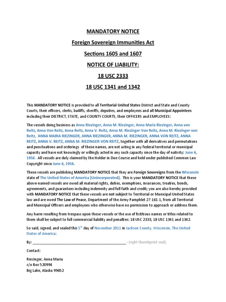 Mandatory Notice Foreign Sovereign Immunities Act Sections 1605 and ...