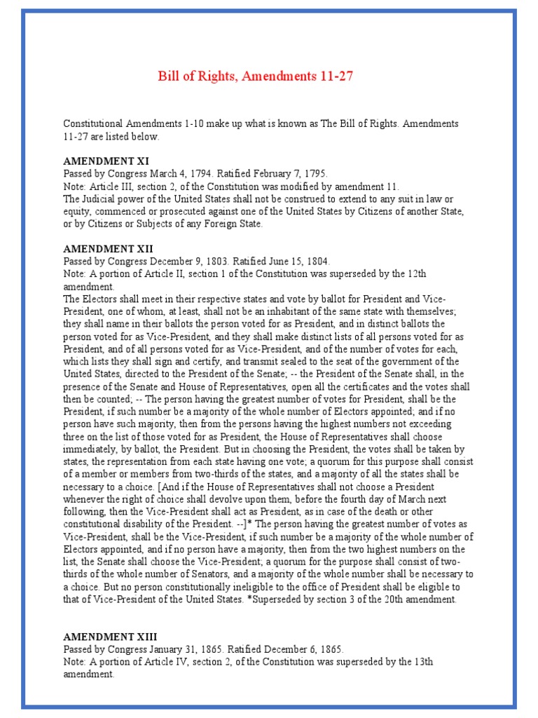 Bill of Rights, Amendments 11-27: Amendment Xi | PDF | American ...