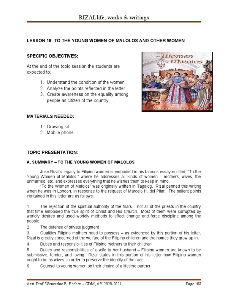 Rizal TOPIC 16 To The Young | PDF | Philippines | Patriarchy
