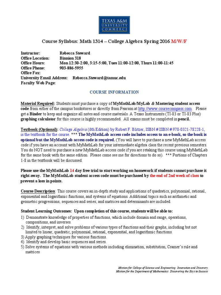 Course Syllabus: Math 1314 - College Algebra Spring 2016: Faculty Web ...