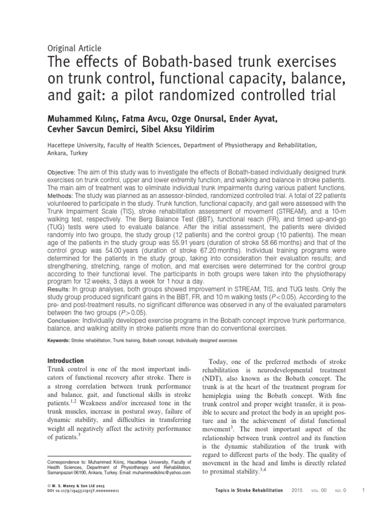 The Effects of Bobath-Based Trunk Exercises On Trunk Control, Functional Capacity, Balance, and ...