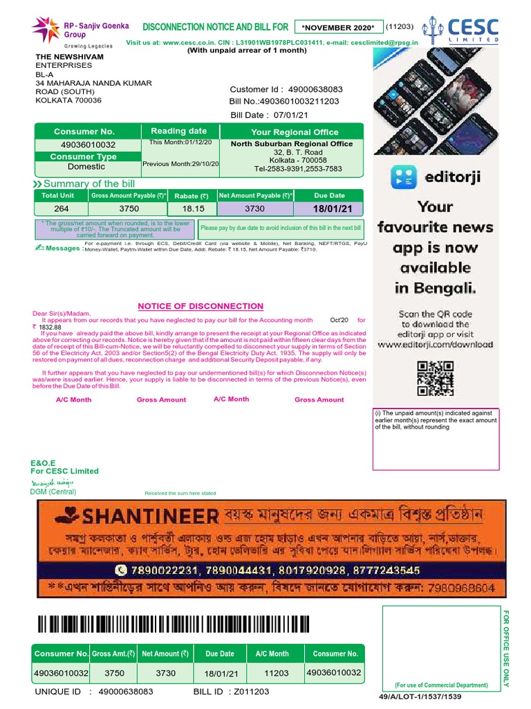 Summary of The Bill: Disconnection Notice and Bill For | PDF ...