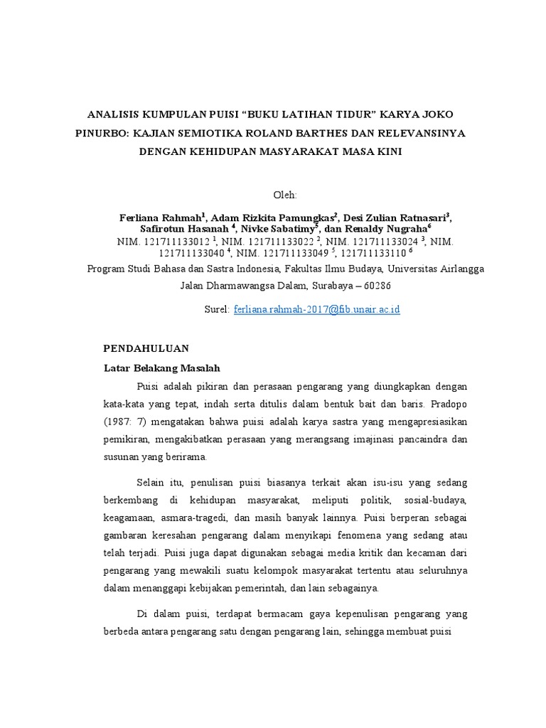 Makalah Analisis Semiotika Barthes Pada Kumpulan Puisi "Buku Latihan Tidur" Karya Joko Pinurbo | PDF