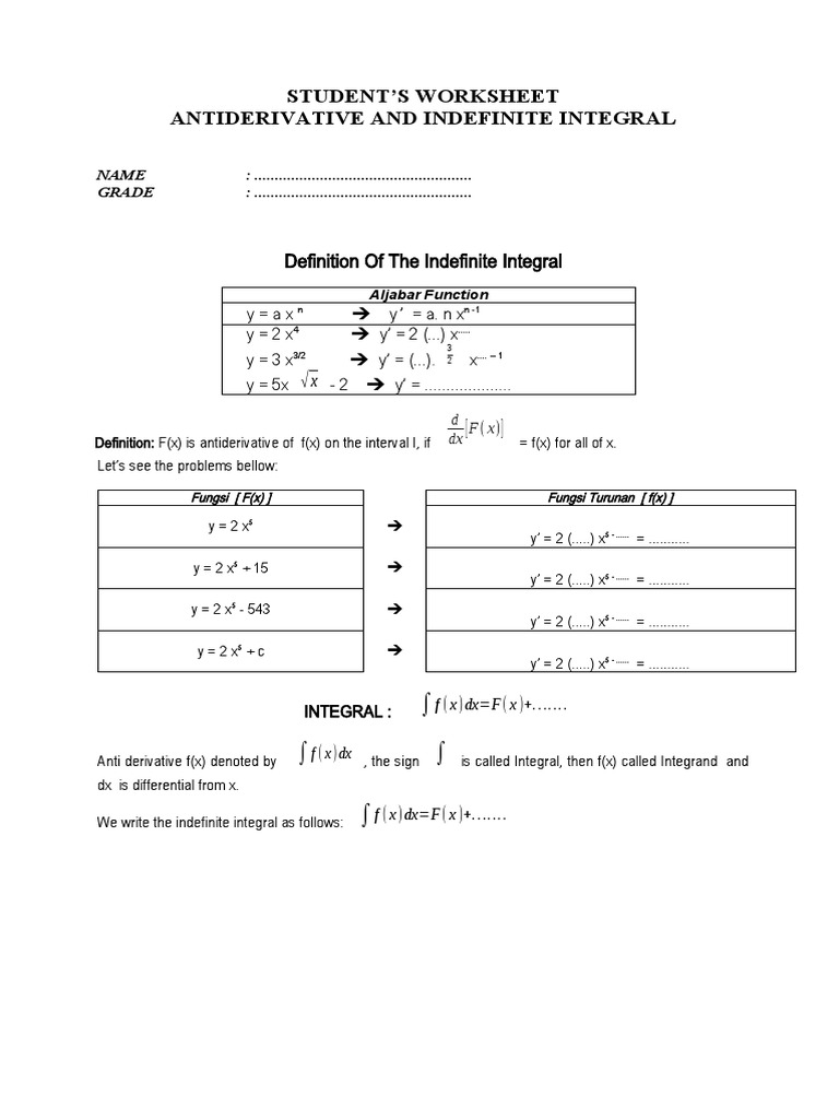 Antiderivative & Integral Worksheet | PDF | Trigonometric Functions ...