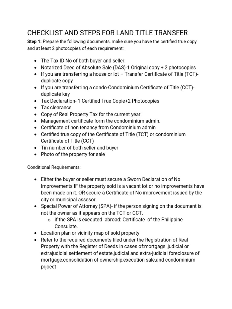 Checklist and Steps For Land Title Transfer | PDF | Title (Property ...
