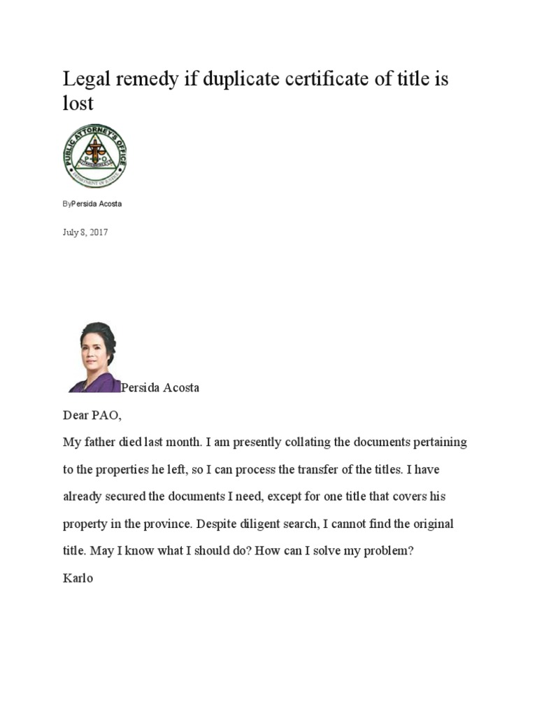 Legal Remedy If Duplicate Certificate of Title Is Lost | PDF | Title ...