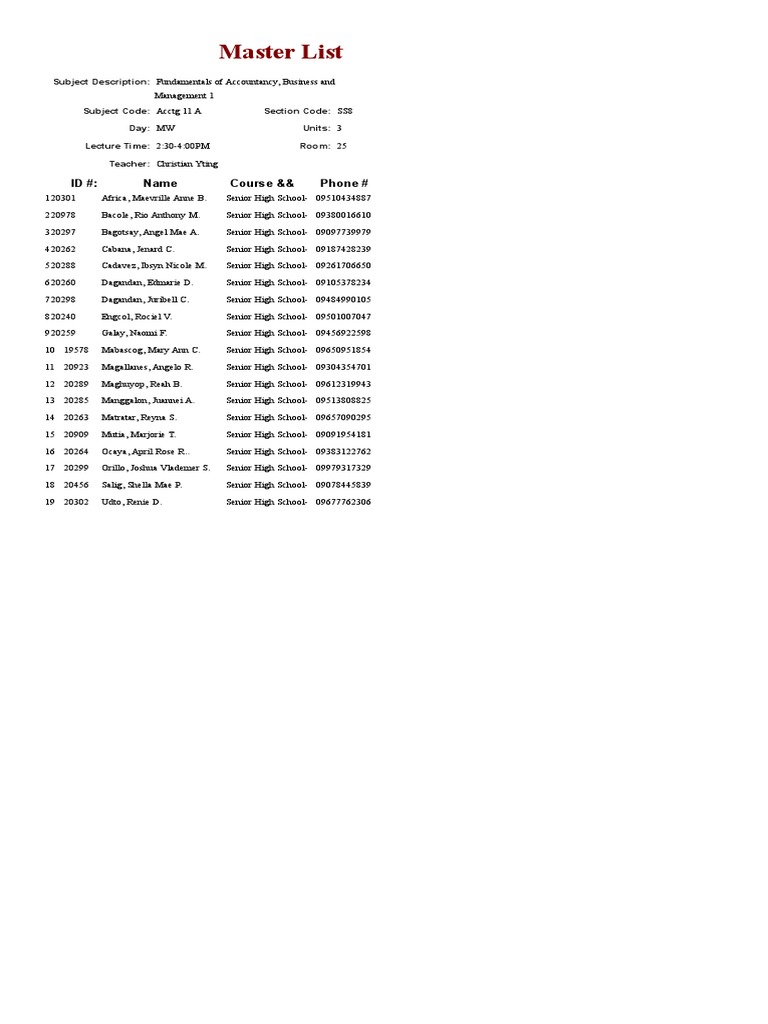 Master List: ID #: Name Course && Phone # | PDF