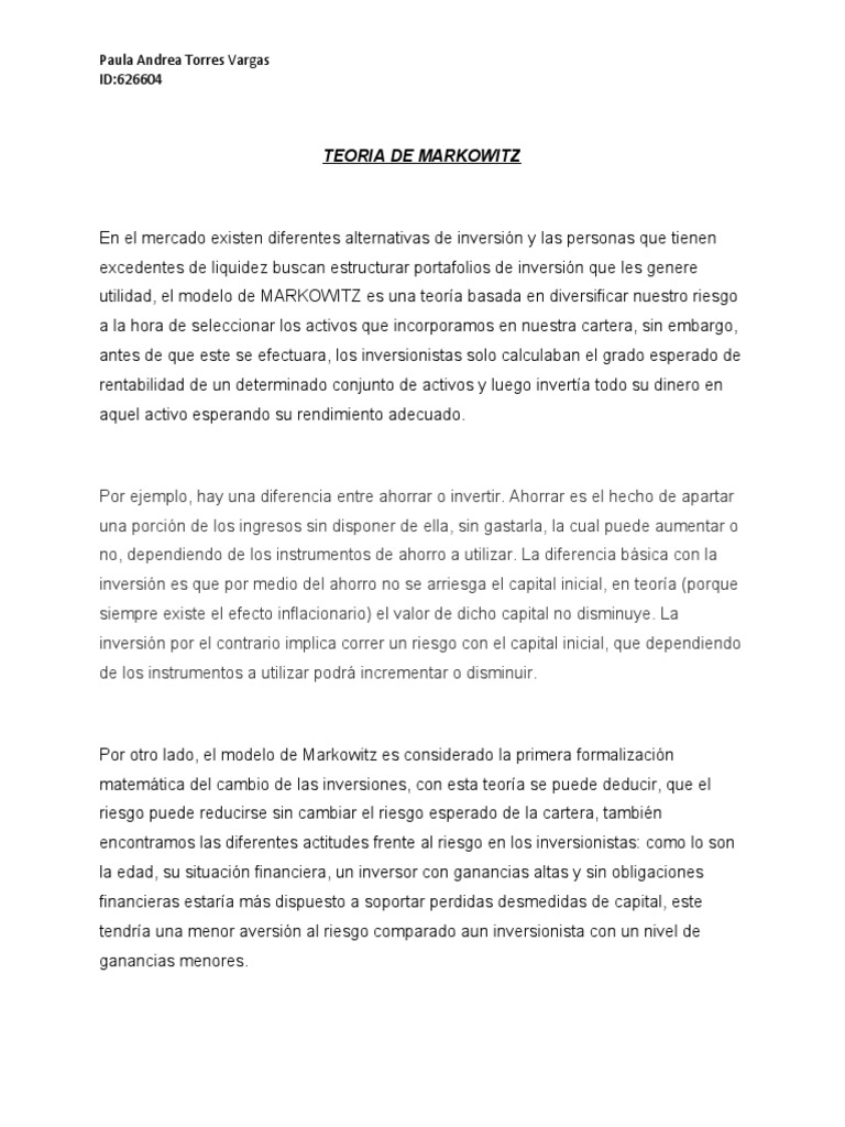 Teoria de Markowitz | PDF | Portafolio (Finanzas) | Capital (economía)