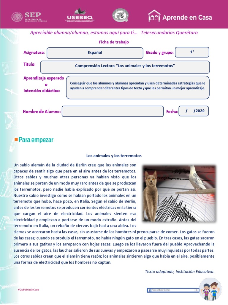 Comprensión Lectora: Animales y Terremotos | PDF | Science | Ciencia y ...
