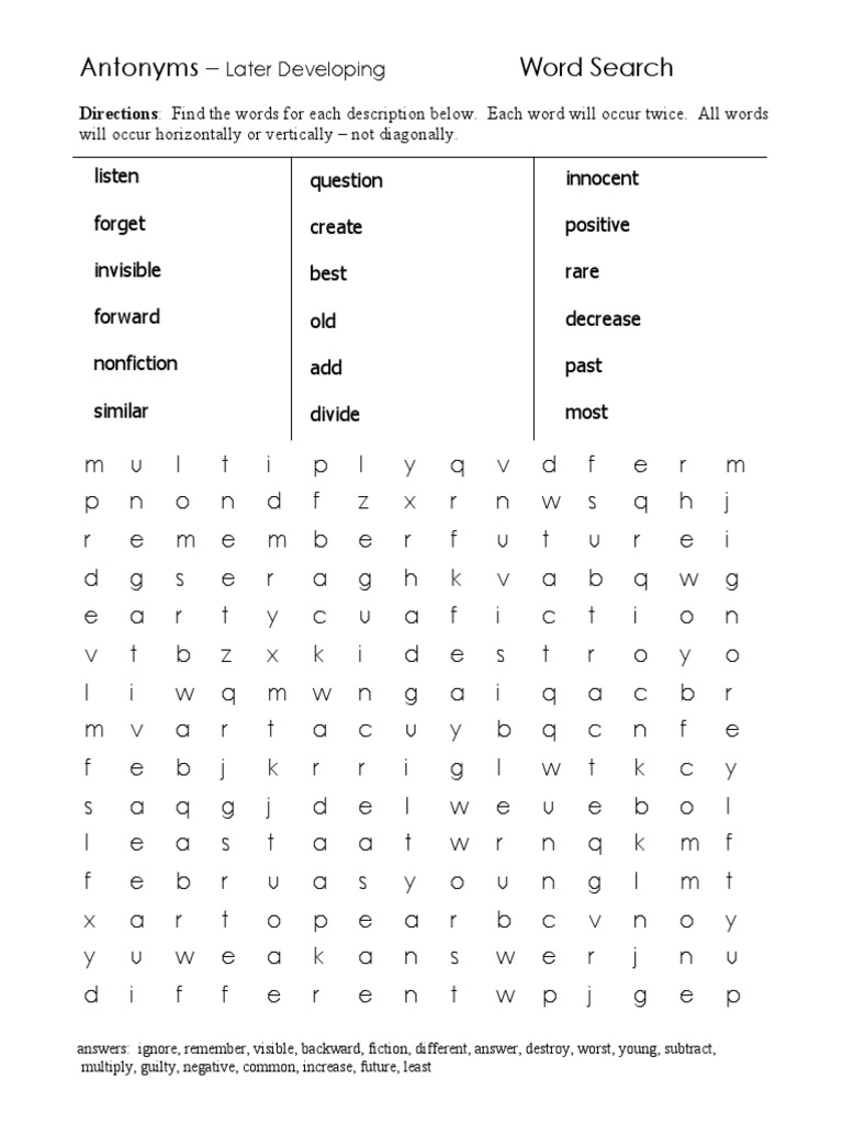 Antonyms - Word Search: Later Developing | PDF | Teaching Mathematics