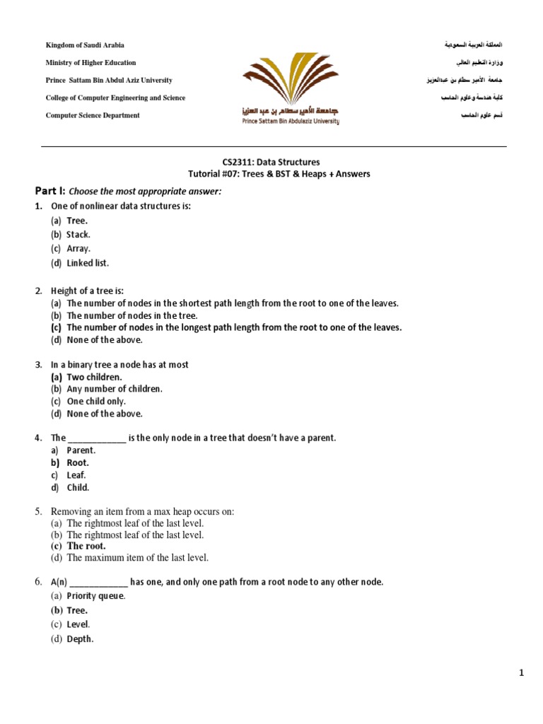 Choose The Most Appropriate Answer:: CS2311: Data Structures Tutorial #07: Trees & BST & Heaps ...