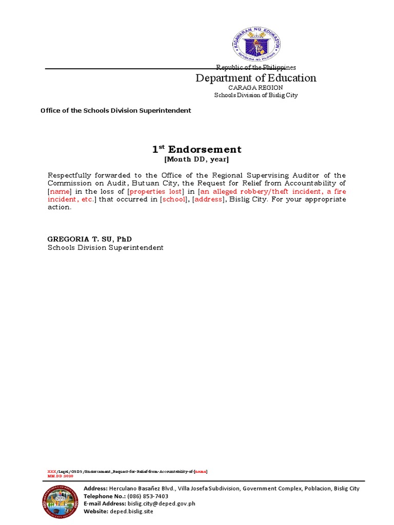 DepEd Bislig City Request for Relief from Accountability | PDF