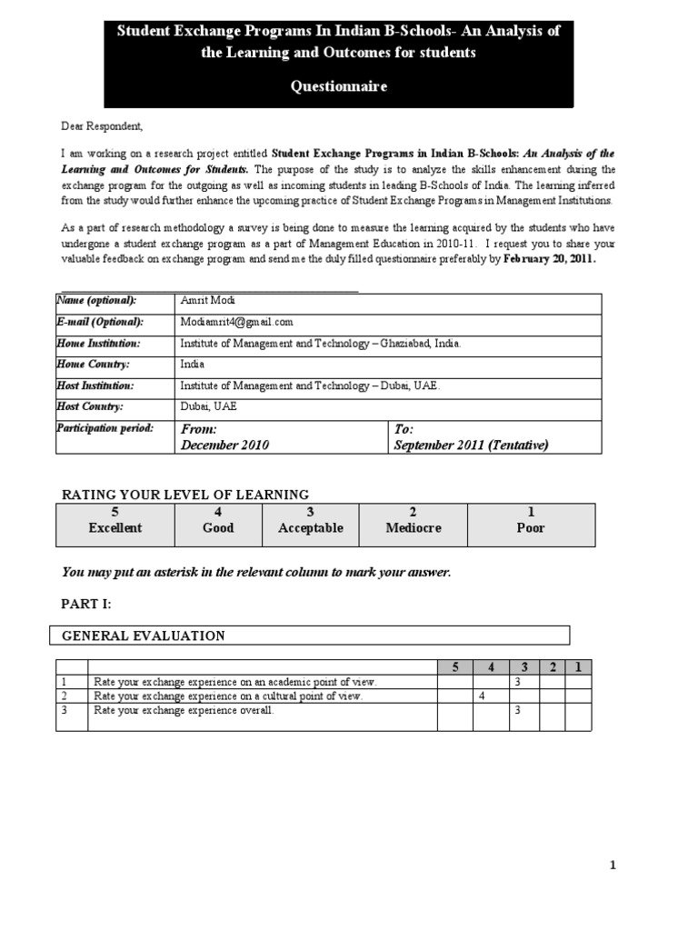 Questionnaire For Exchange Students | PDF | Neuropsychological ...