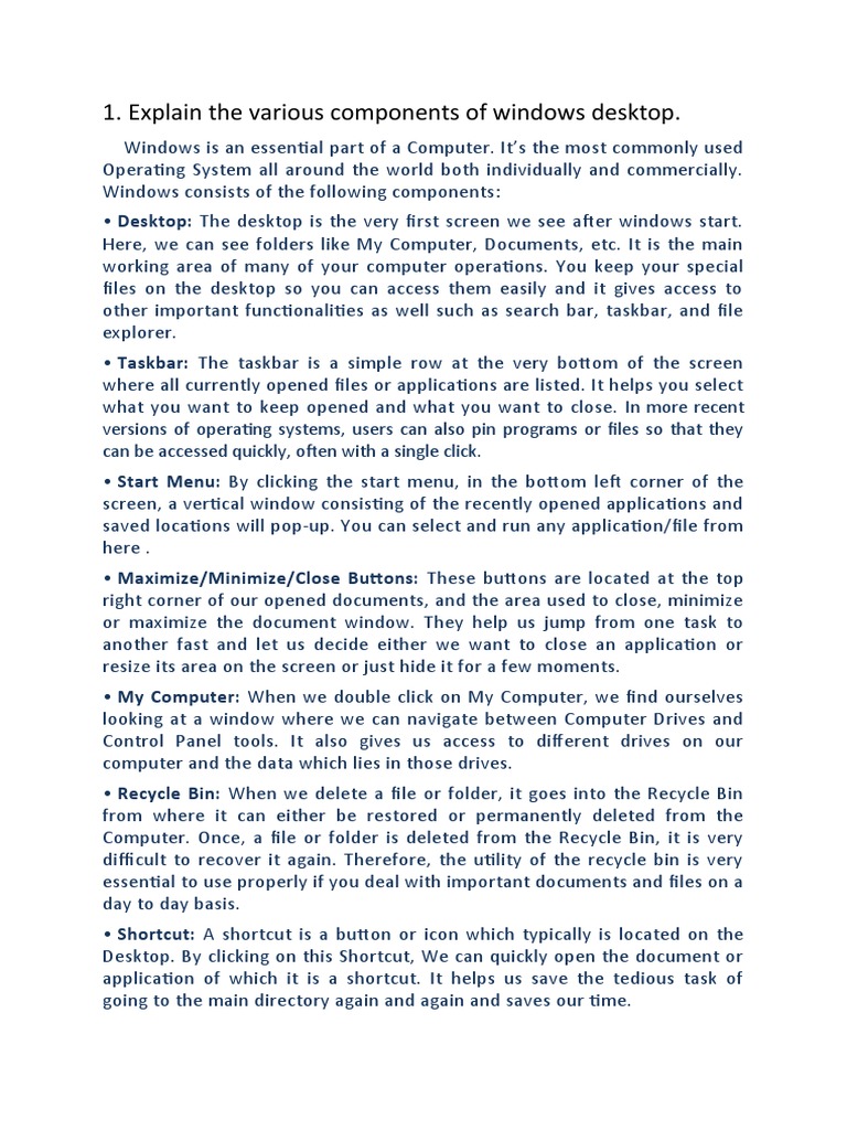 Explain The Various Components of Windows Desktop | Download Free PDF ...