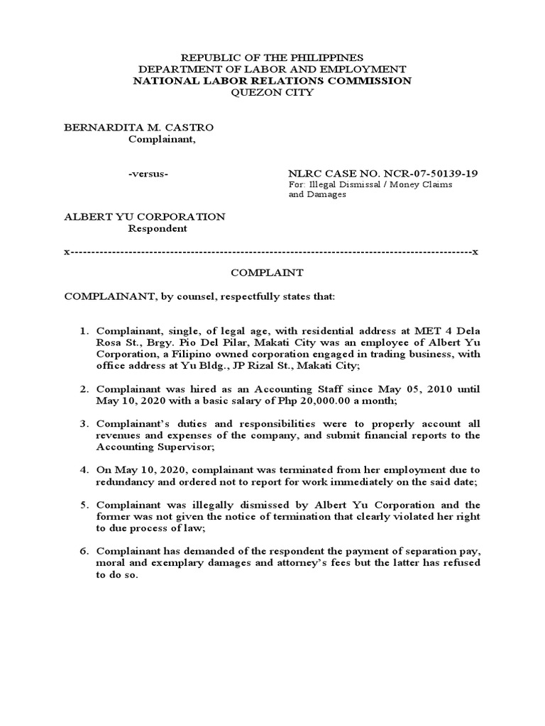 Initiatory Pleading On Labor Case Complaint | PDF | Makati | Employment
