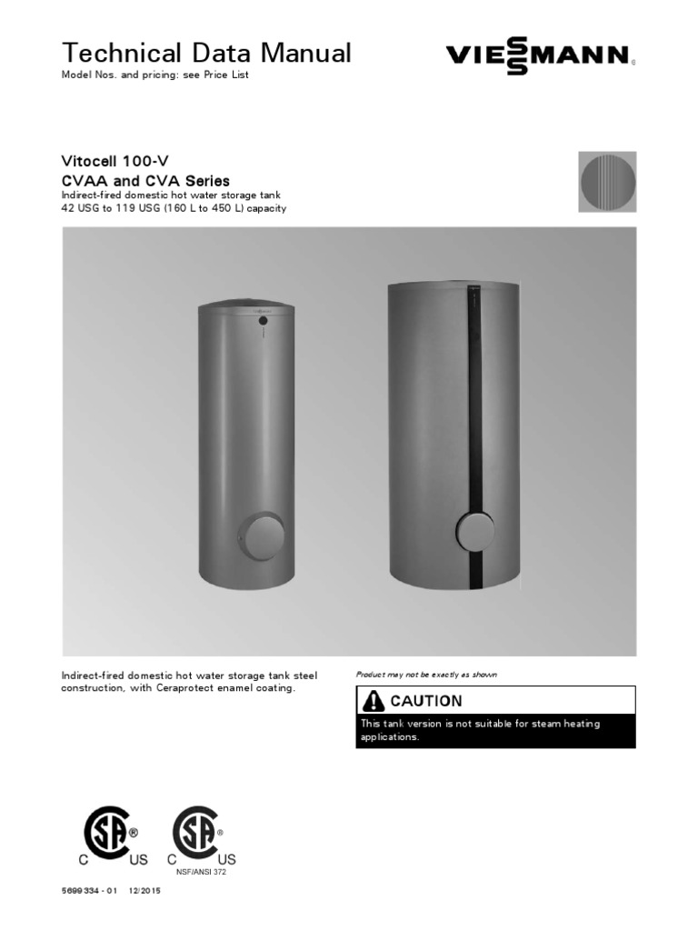 Technical Data Manual: Vitocell 100-V CVAA and CVA Series | PDF | Water Heating | Valve
