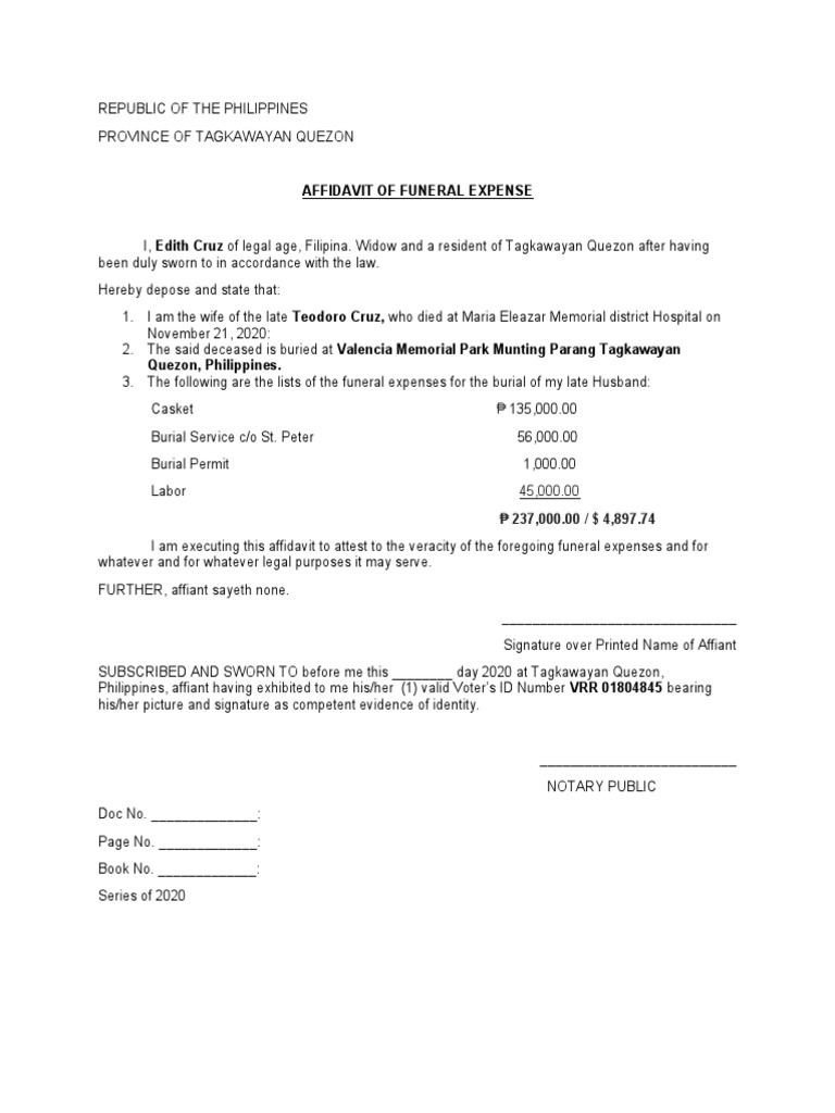 Affidavit of Funeral Expense | PDF