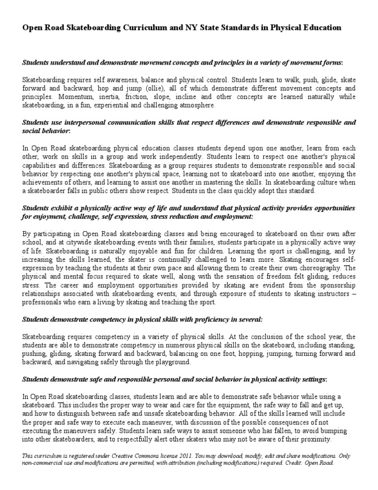 Skateboarding Curriculum & NY PE Standards | PDF | Physical Education | Curriculum