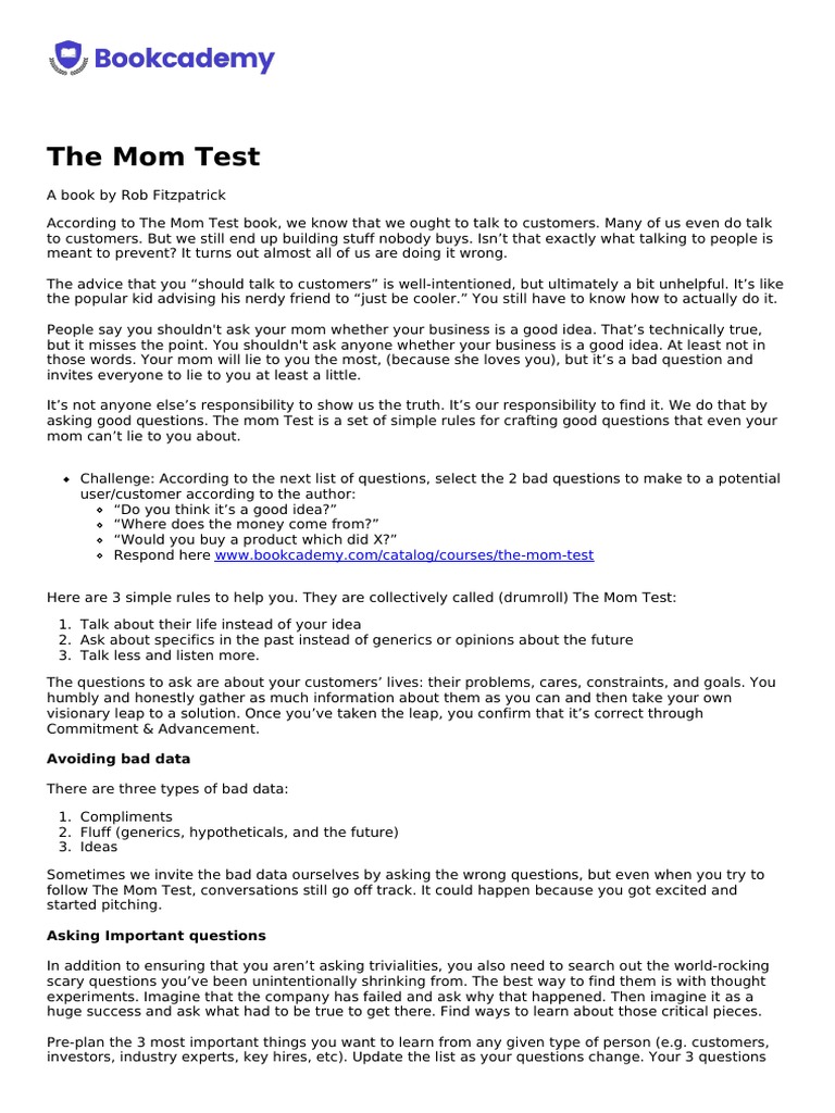 Mastering Customer Conversations: The Mom Test | PDF | Motivation ...