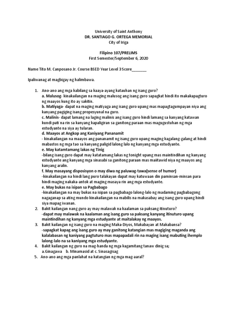 Test Questions Filipino 107 1st Sem 2020 2021 | PDF