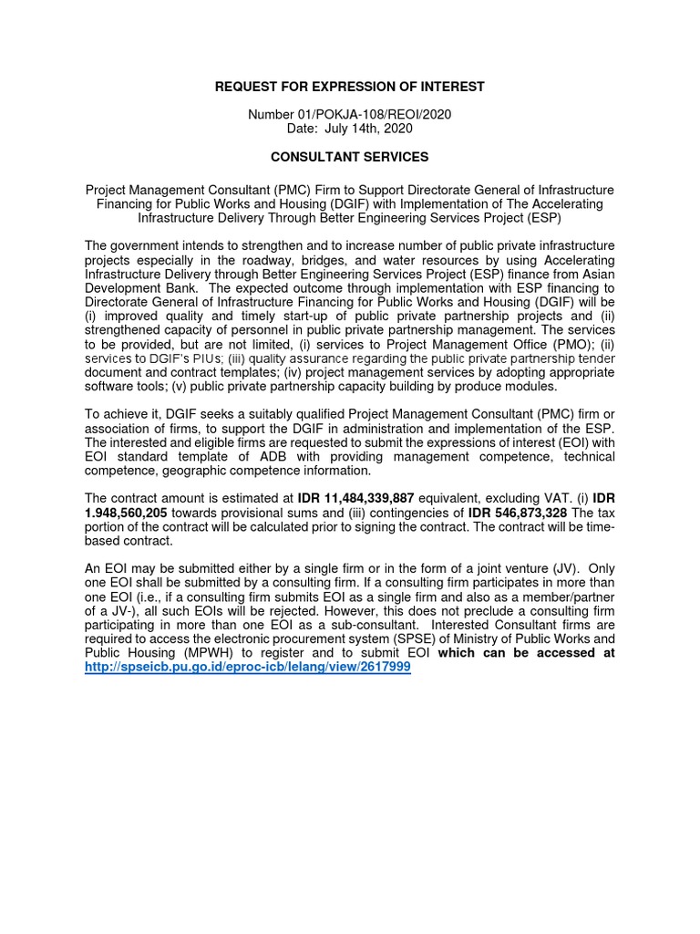 REOI PMC - DGIF - Summary | PDF | Public–Private Partnership | Project ...