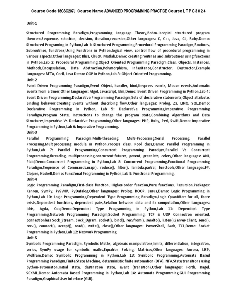 Course Code 18csc207j Course Name Advanced Programming Practice Course L T P C 3 0 2 4 Pdf