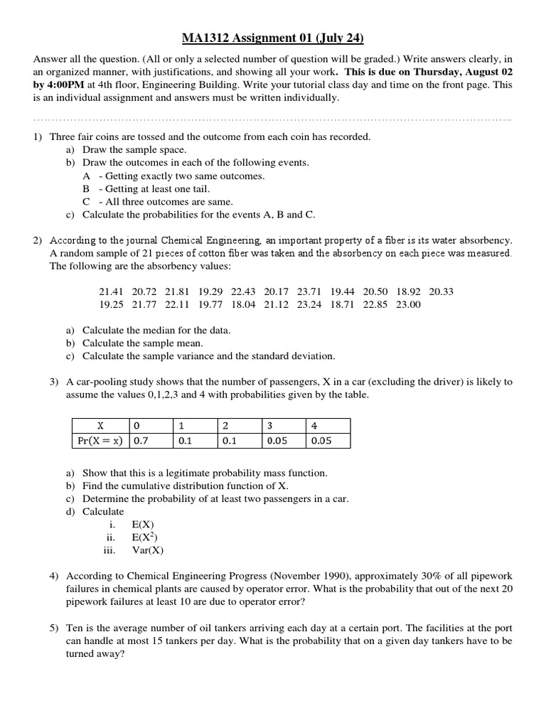 MA1312 Assignment 01: Analyzing Probability Distributions, Confidence Intervals, Correlation and ...