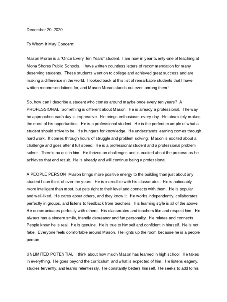Mason Moran - Letter of Recommendation | PDF | Human Nature