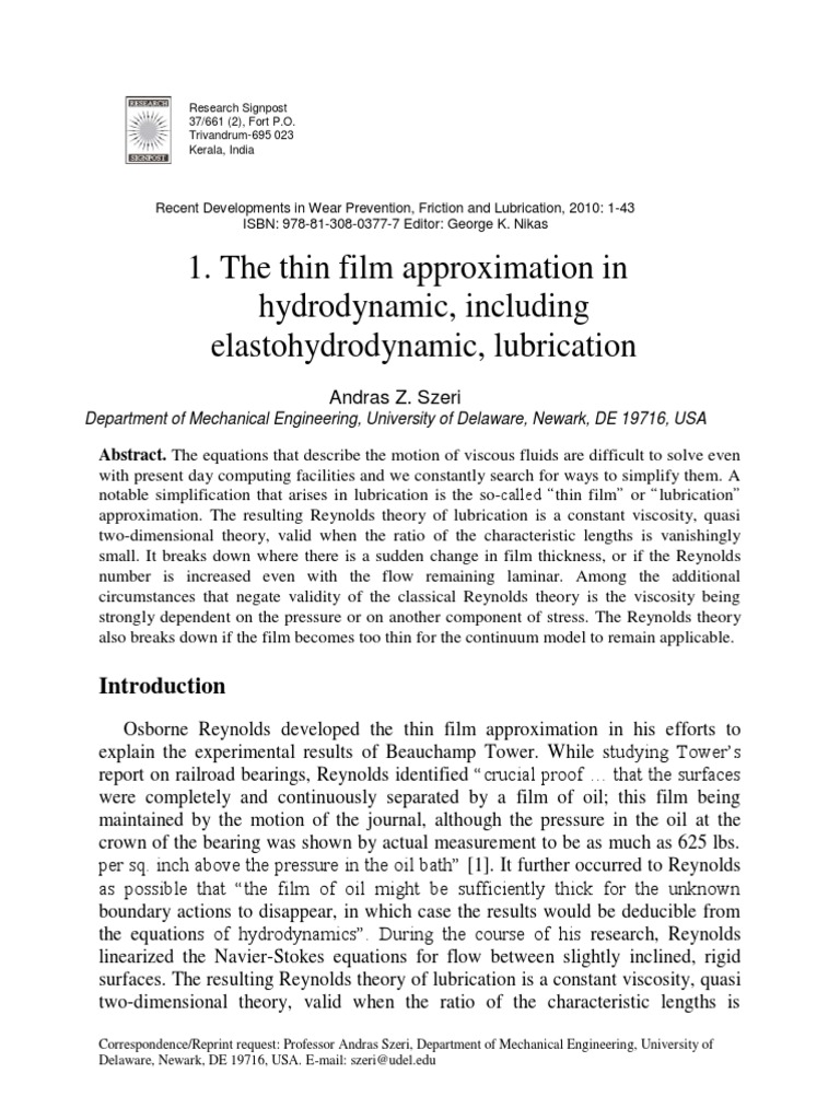 The Thin Film Approximation in Hydrodynamic, Including ...