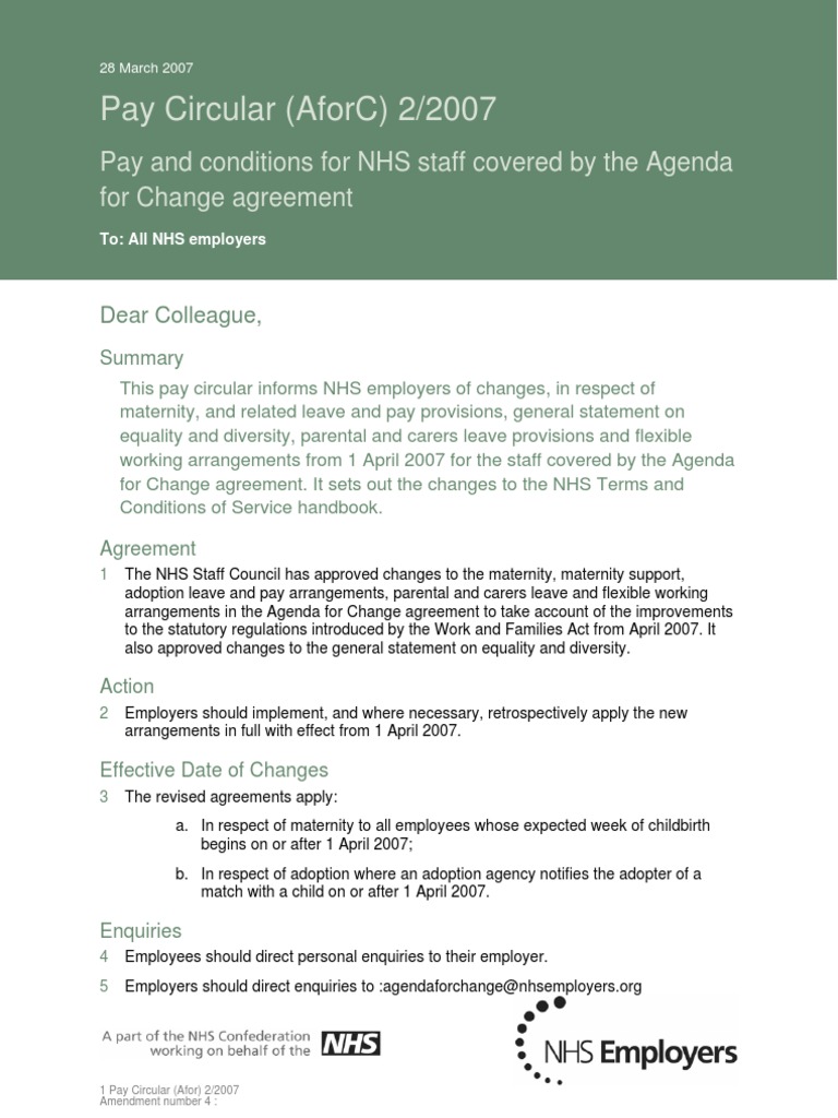 Pay Circular (Aforc) 2/2007: Pay and Conditions For Nhs Staff Covered ...