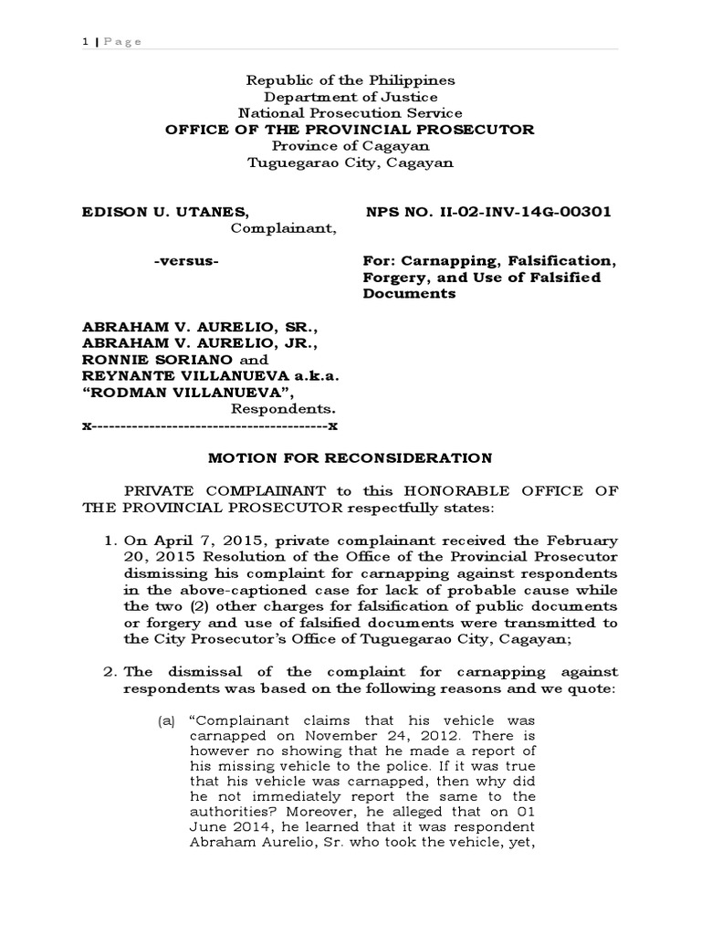 Motion For Reconsideration 2 | PDF | Probable Cause | Prosecutor